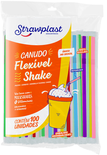 Canudo Flexível Shake 8mm Sachê Individual misto 100 unidades - Strawplast